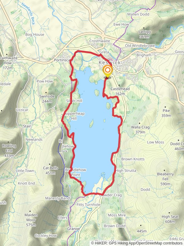 Map of Derwent Water Loop from Crow Park, Cumberland
