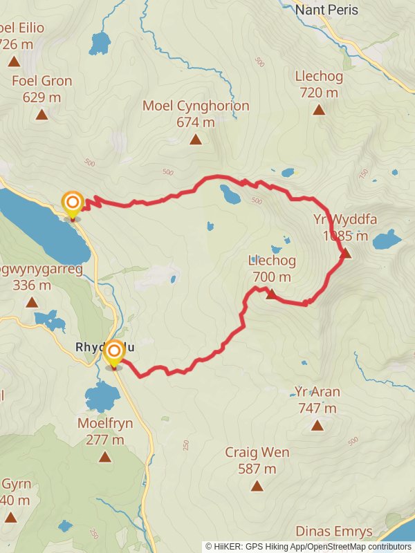 Map of Snowdon by Rhyd-Ddu and Snowdon Ranger Paths, Gwynedd